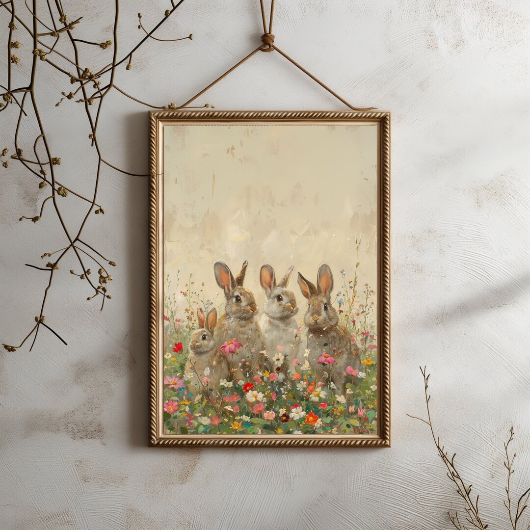 Bunnies in a Field, Easter Printable Digital Download, Vintage Easter ...