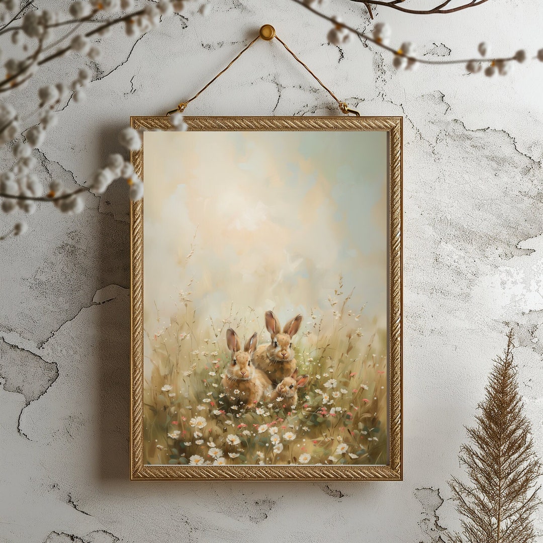 Bunnies in a Field, Easter Printable Digital Download, Vintage Easter ...