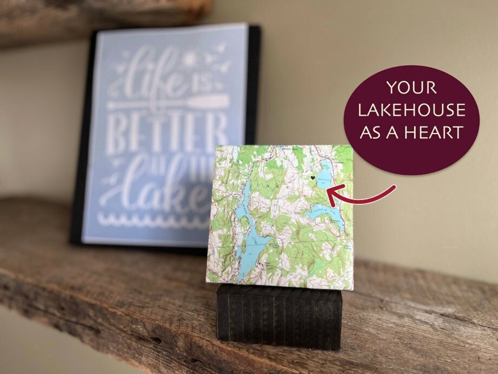 Personalized Topographic Map Tile | Lakehouse Gift With Wood Stand - Etsy