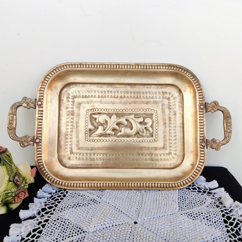 Vintage Large Ornate Brass Tray With Handles Brass Serving Tray Brass ...