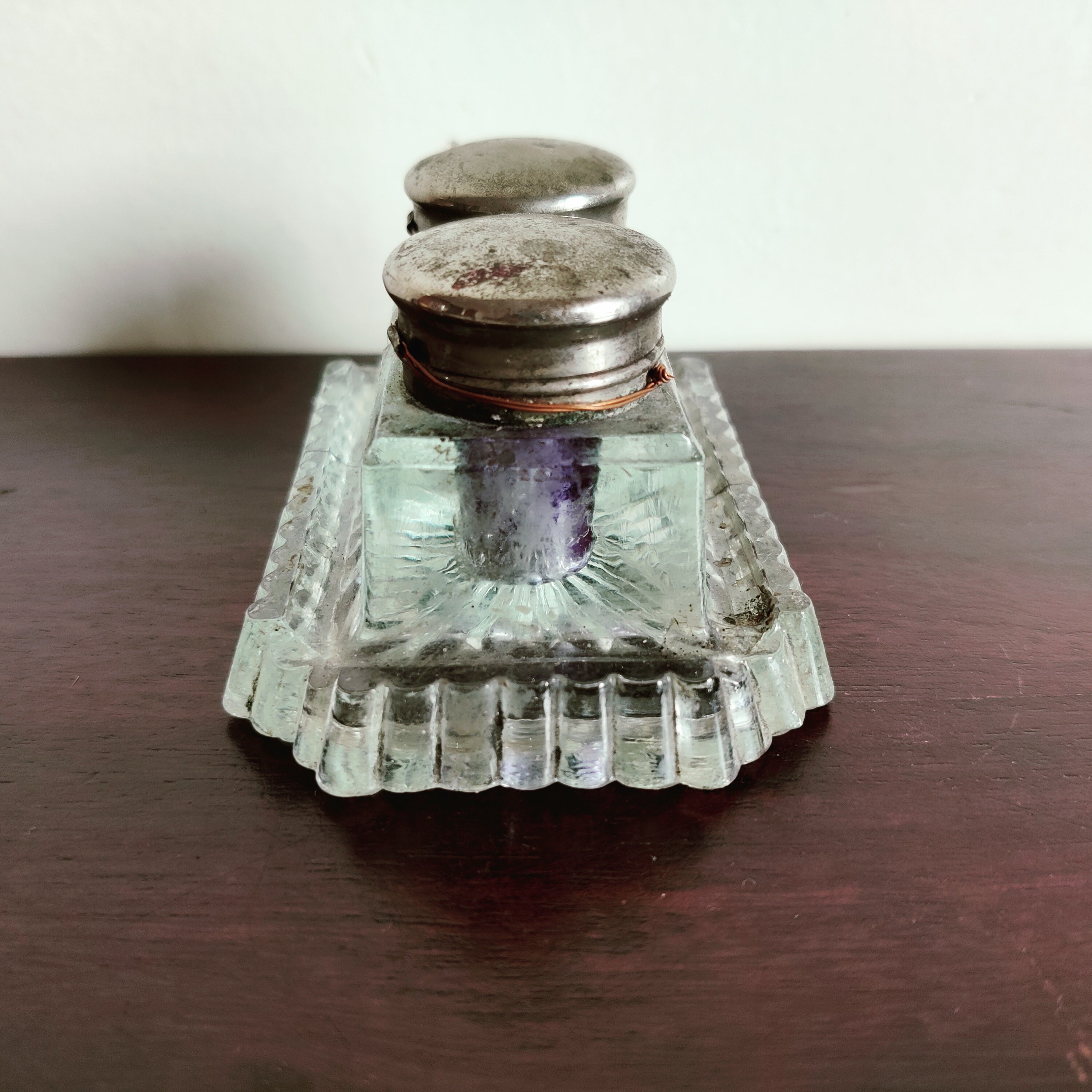 Vintage Clear Glass Double Inkwell | Glass Inkwell Desk Set Organizer ...