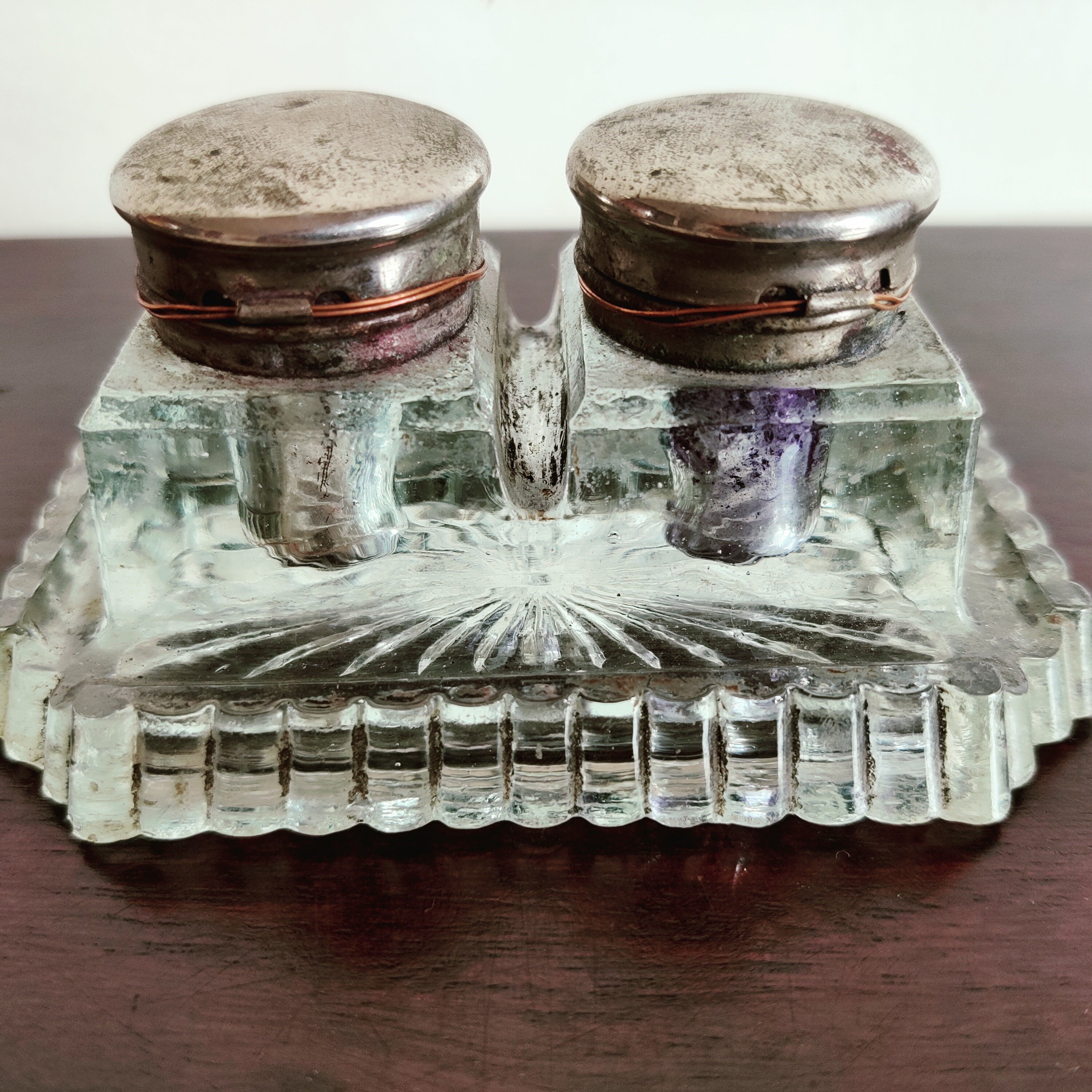 Vintage Clear Glass Double Inkwell Glass Inkwell Desk Set Organizer Art ...