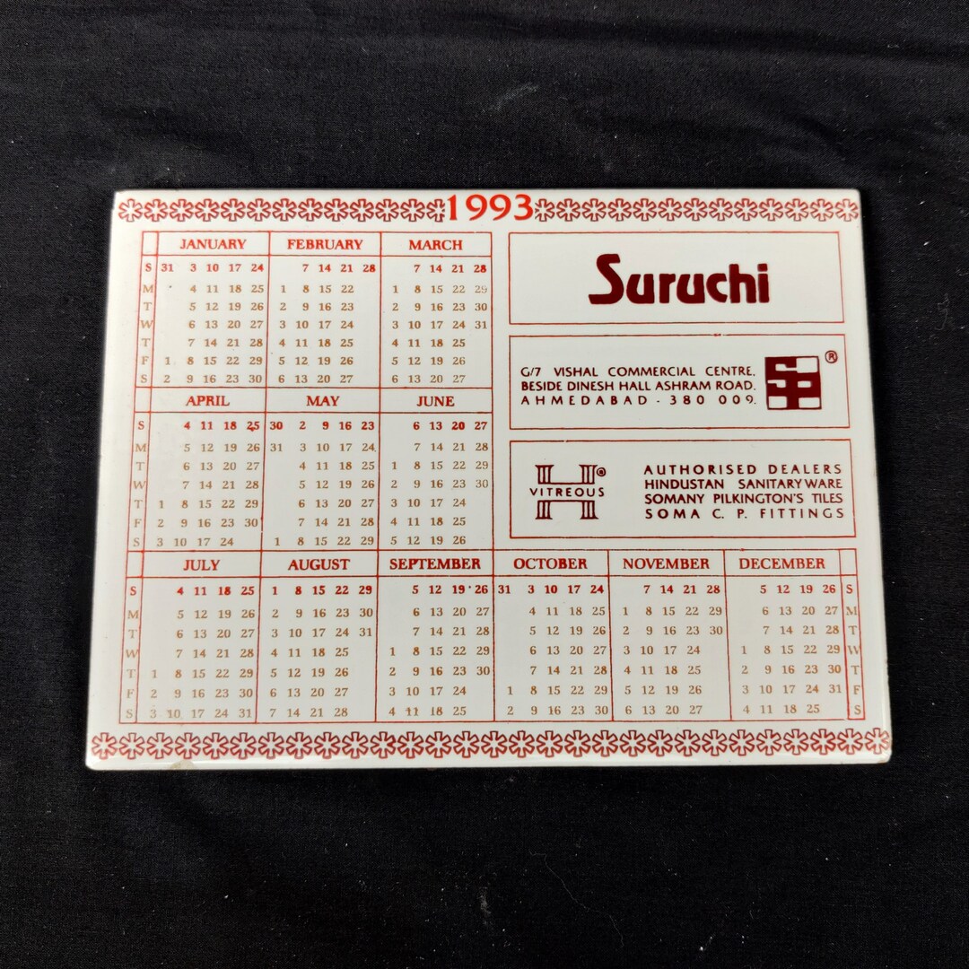 1993 Vintage Suruchi Pilkington's Kadi Suruchi 1993 Calendar on Tile ...
