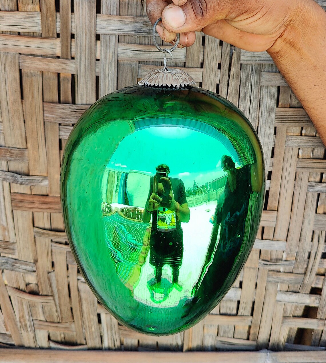 Antique Kugel 8.4" Dark Green Oval Shape Glass Hanging Christmas ...