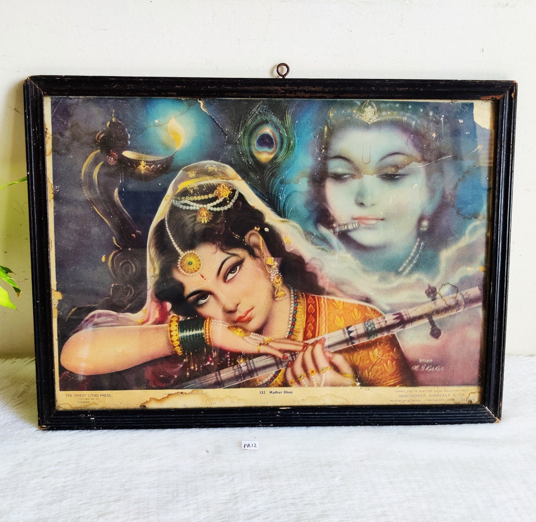 Vintage Radha Krishna 'madhur Dhun' Print With Original Wooden Frame 14 ...
