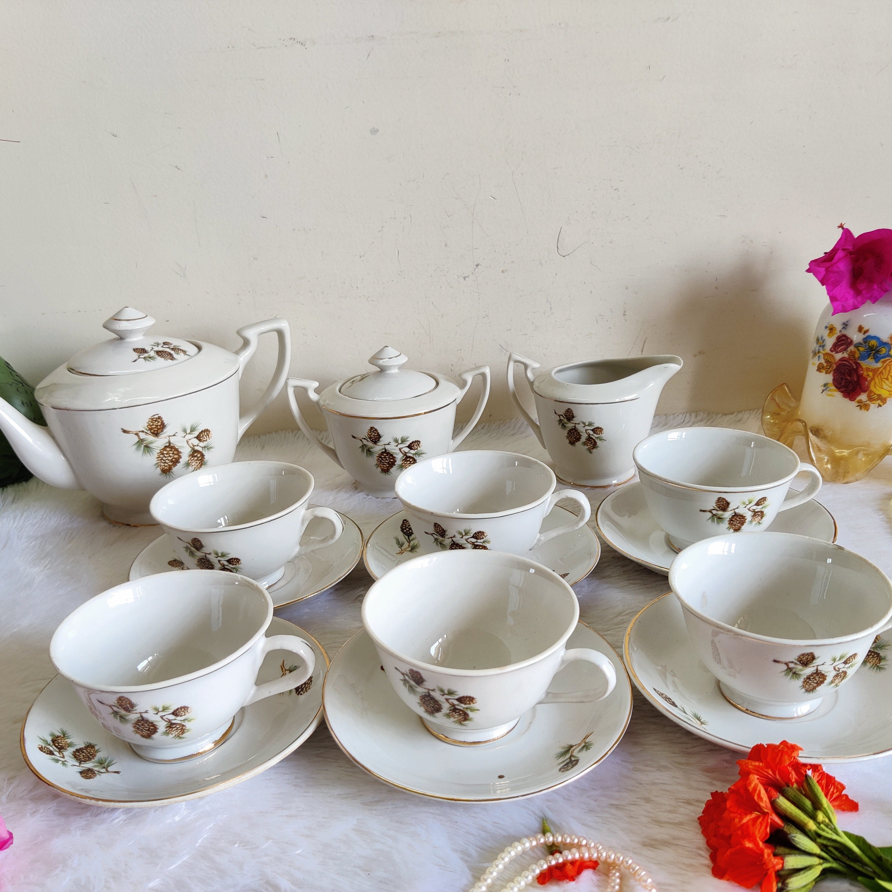 Antique Porcelain Tea Set With Flowers vintage 15 Piece Tea Service Set ...
