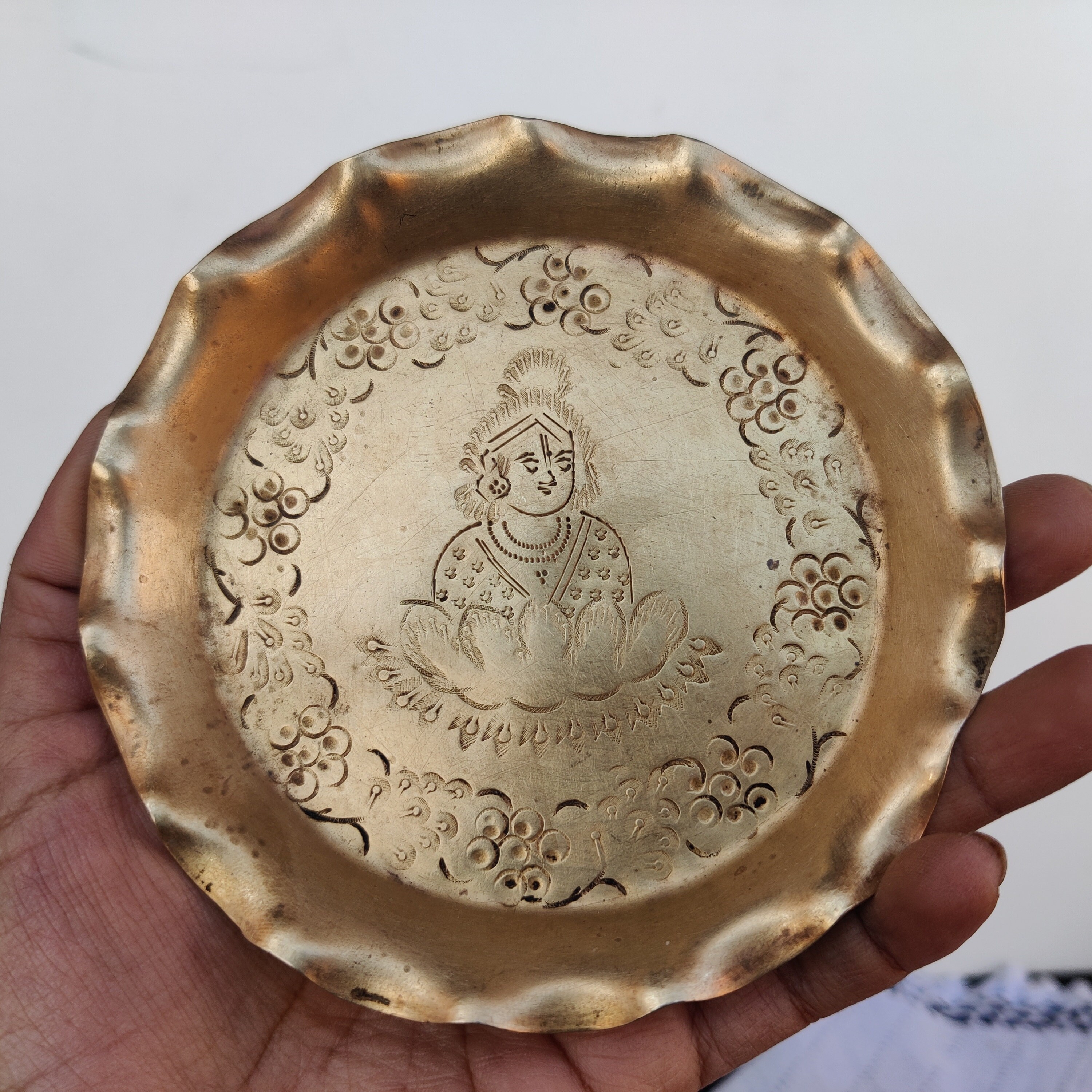 Vintage Rare God Krishna Engraved Brass Plate | Kanha Engraved ...