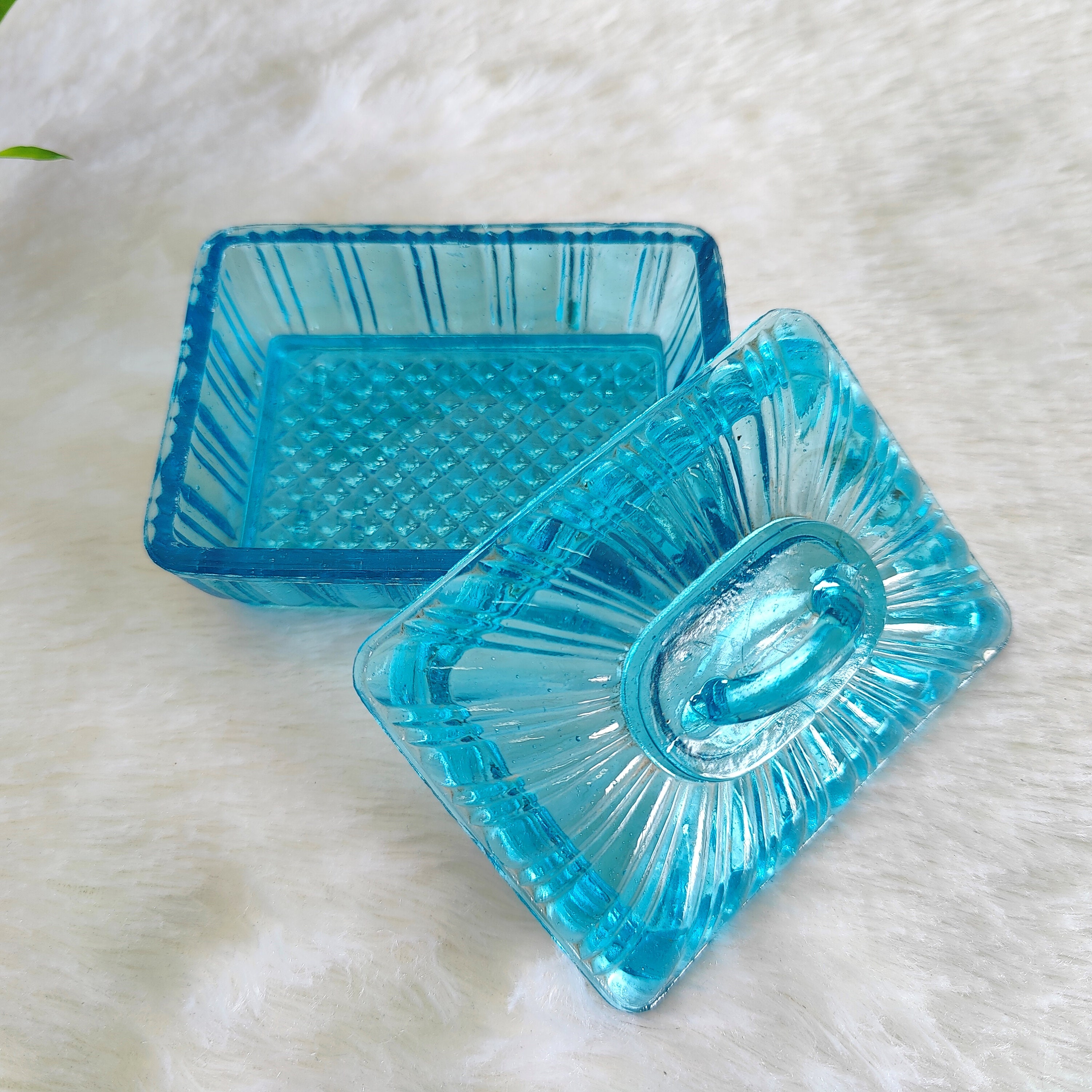Vintage Blue Glass Vanity Trinket Box With Lid Glass Jewellery Boxglass ...