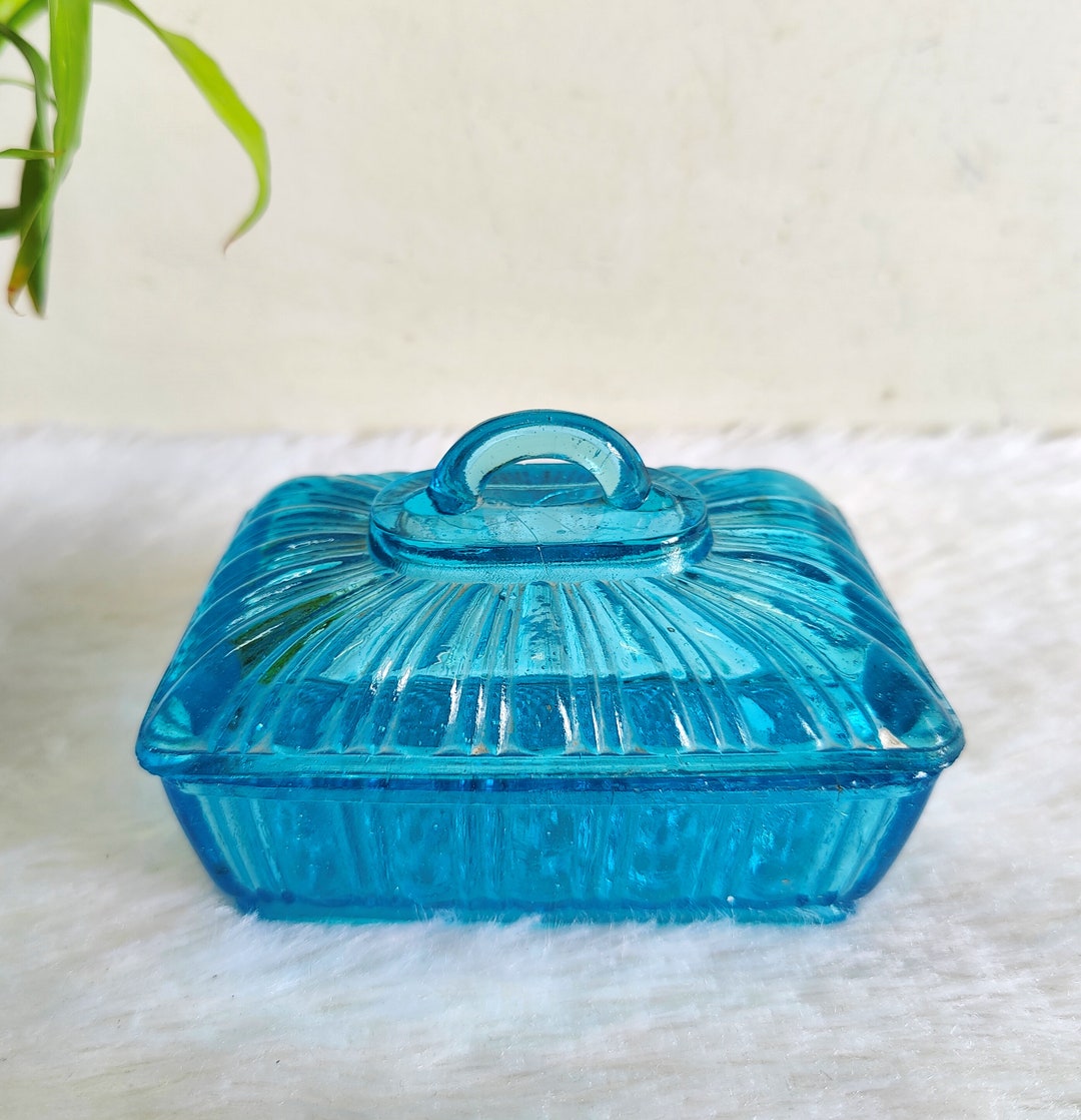 Vintage Blue Glass Vanity Trinket Box With Lid| Glass Jewellery Box ...