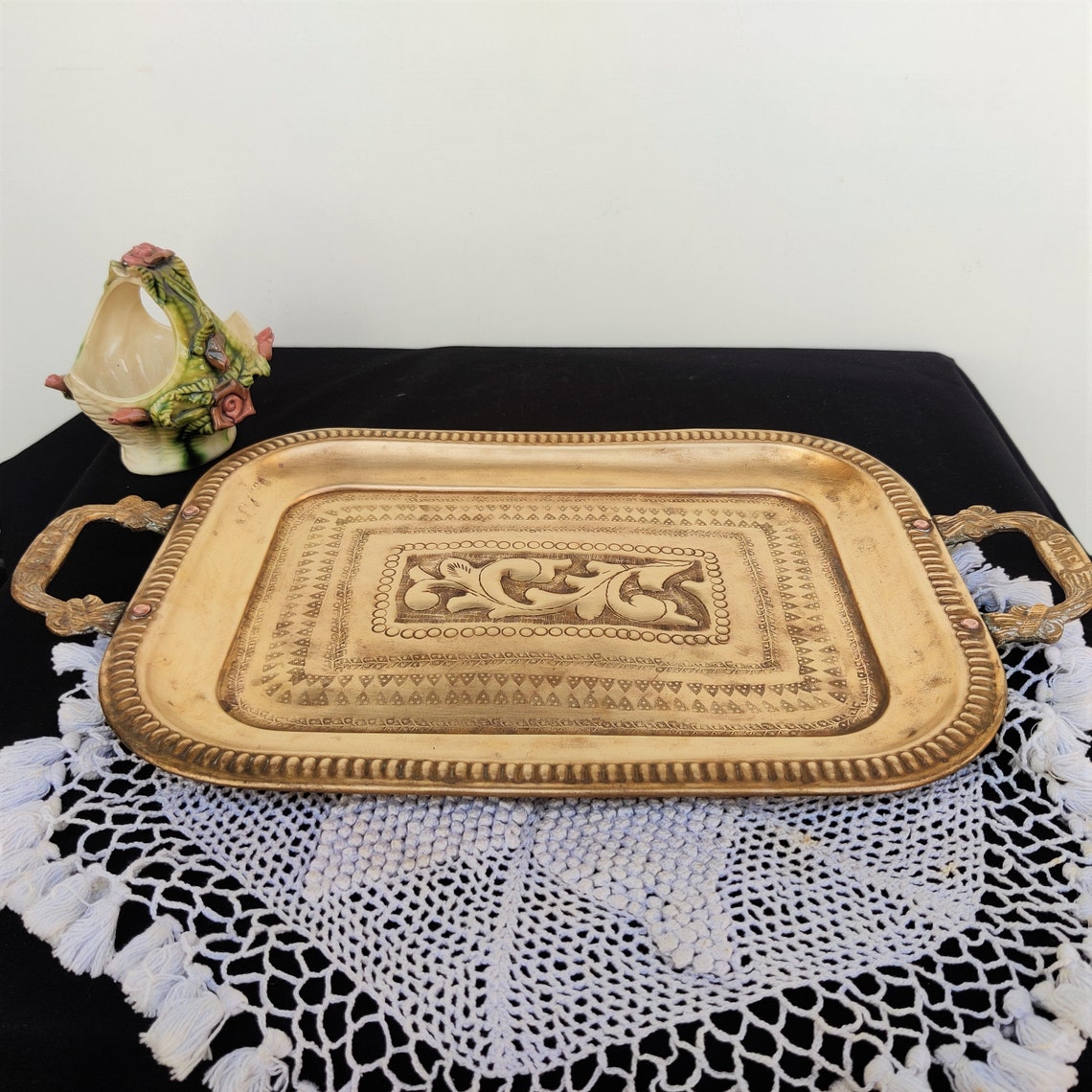 Vintage Large Ornate Brass Tray With Handles Brass Serving Tray Brass ...