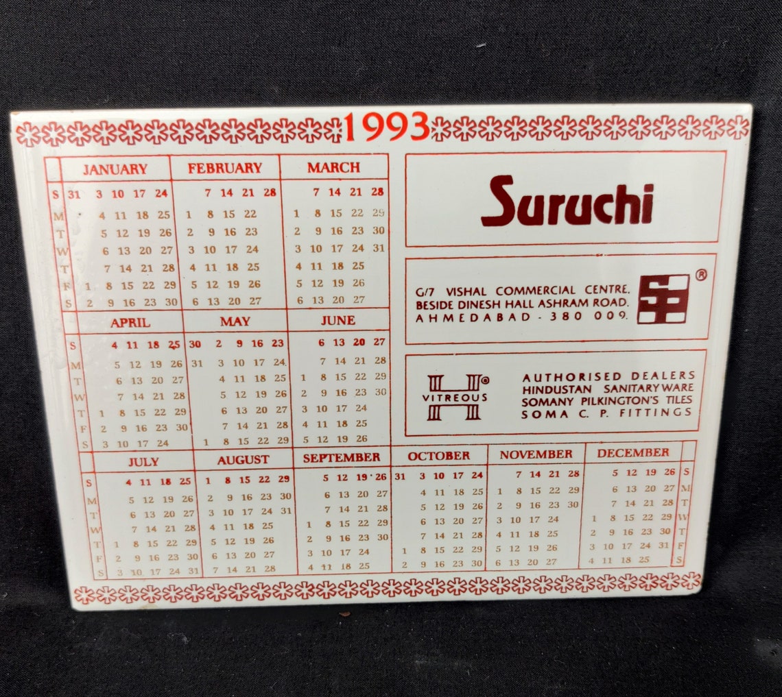 1993 Vintage Suruchi Pilkington's Kadi Suruchi 1993 Calendar on Tile ...