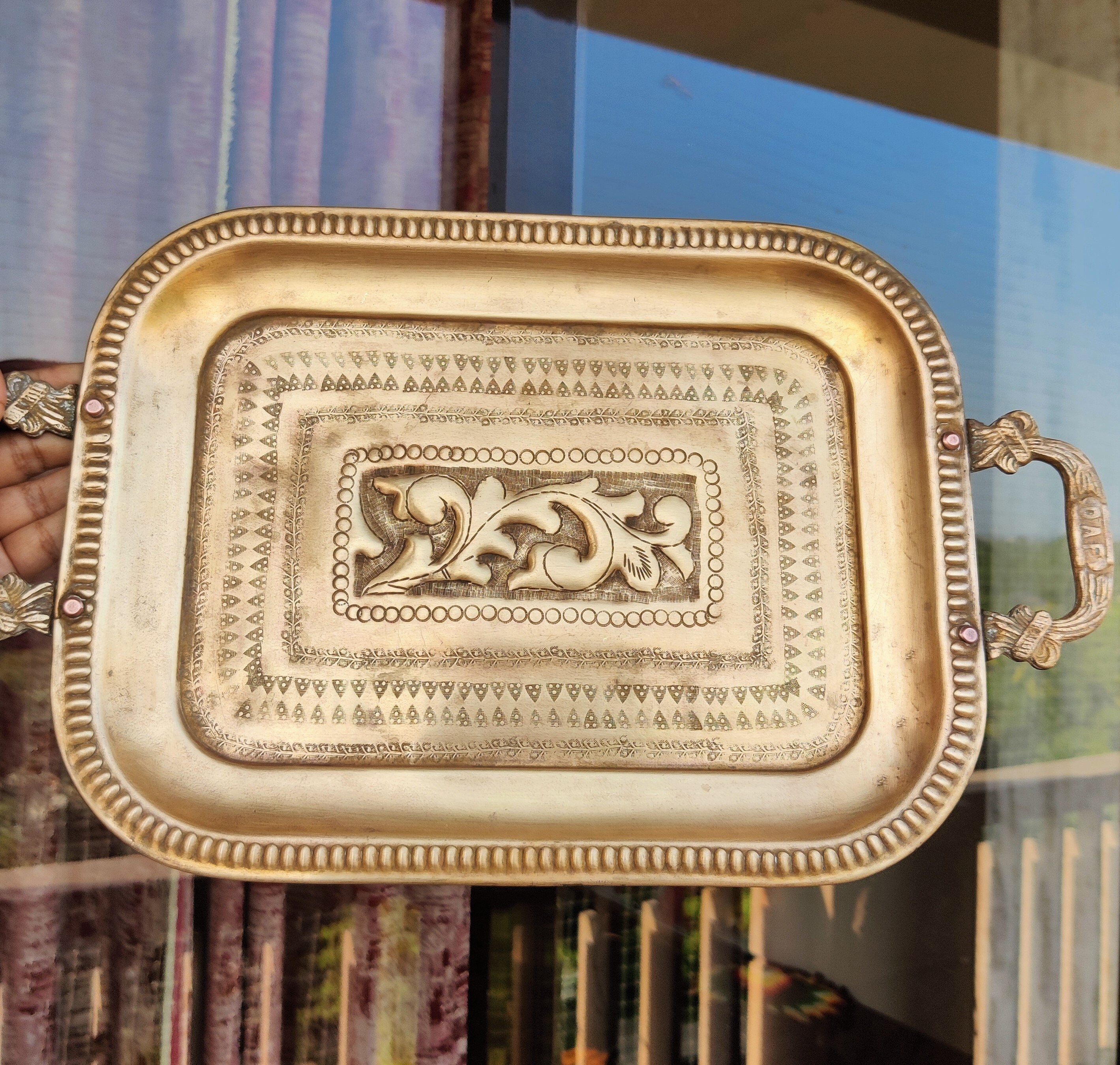 Vintage Large Ornate Brass Tray With Handles Brass Serving Tray Brass ...