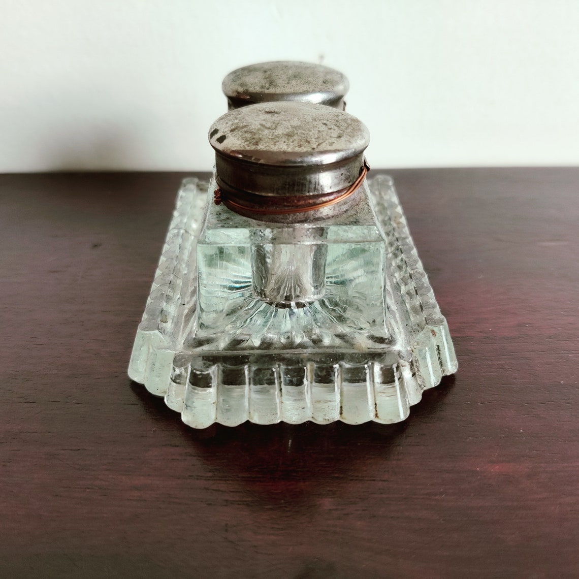 Vintage Clear Glass Double Inkwell | Glass Inkwell Desk Set Organizer ...