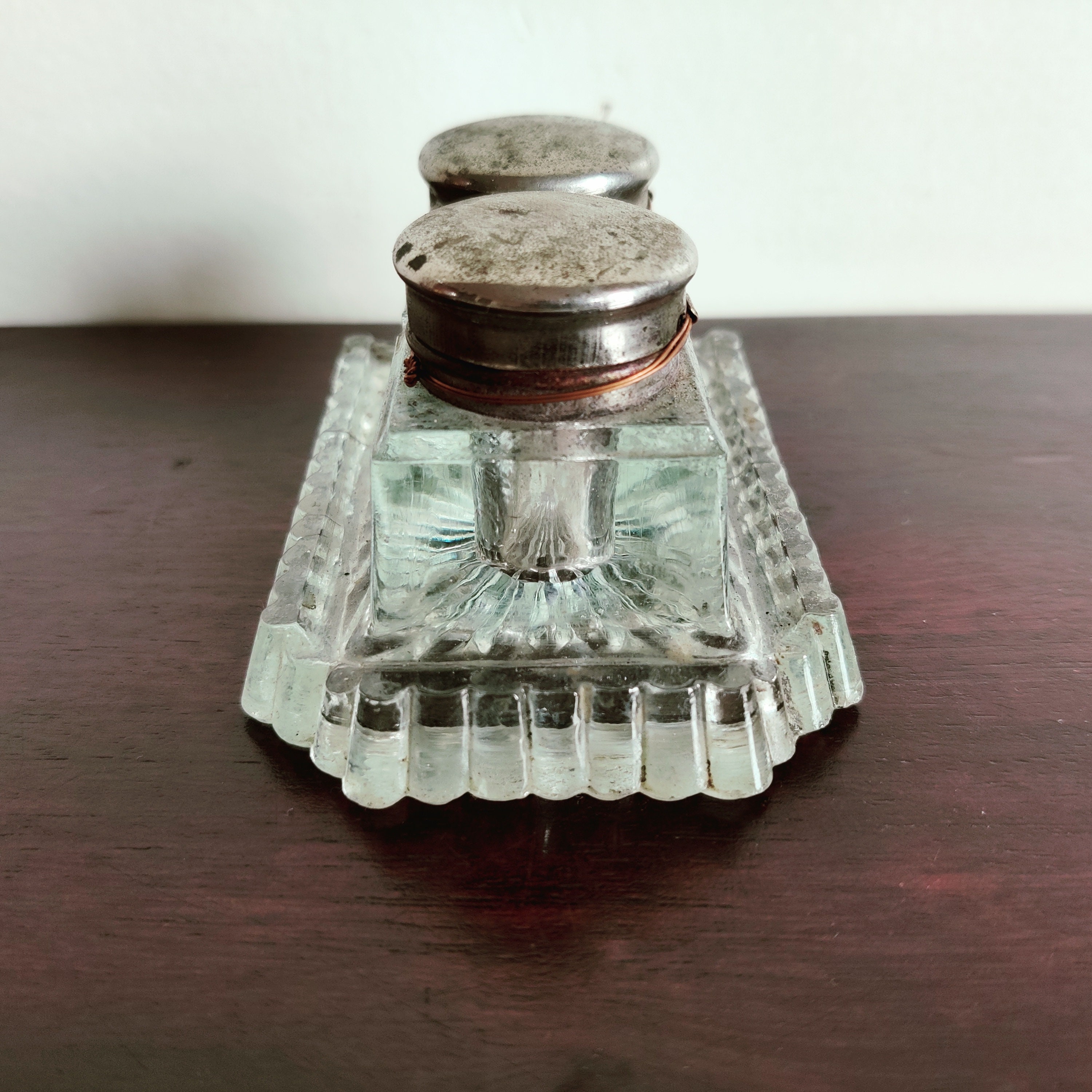 Vintage Clear Glass Double Inkwell Glass Inkwell Desk Set Organizer Art ...