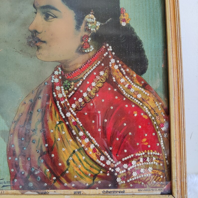 Antique Raja Ravi Varma Printing Press Embellished Oleograph of Tara ...
