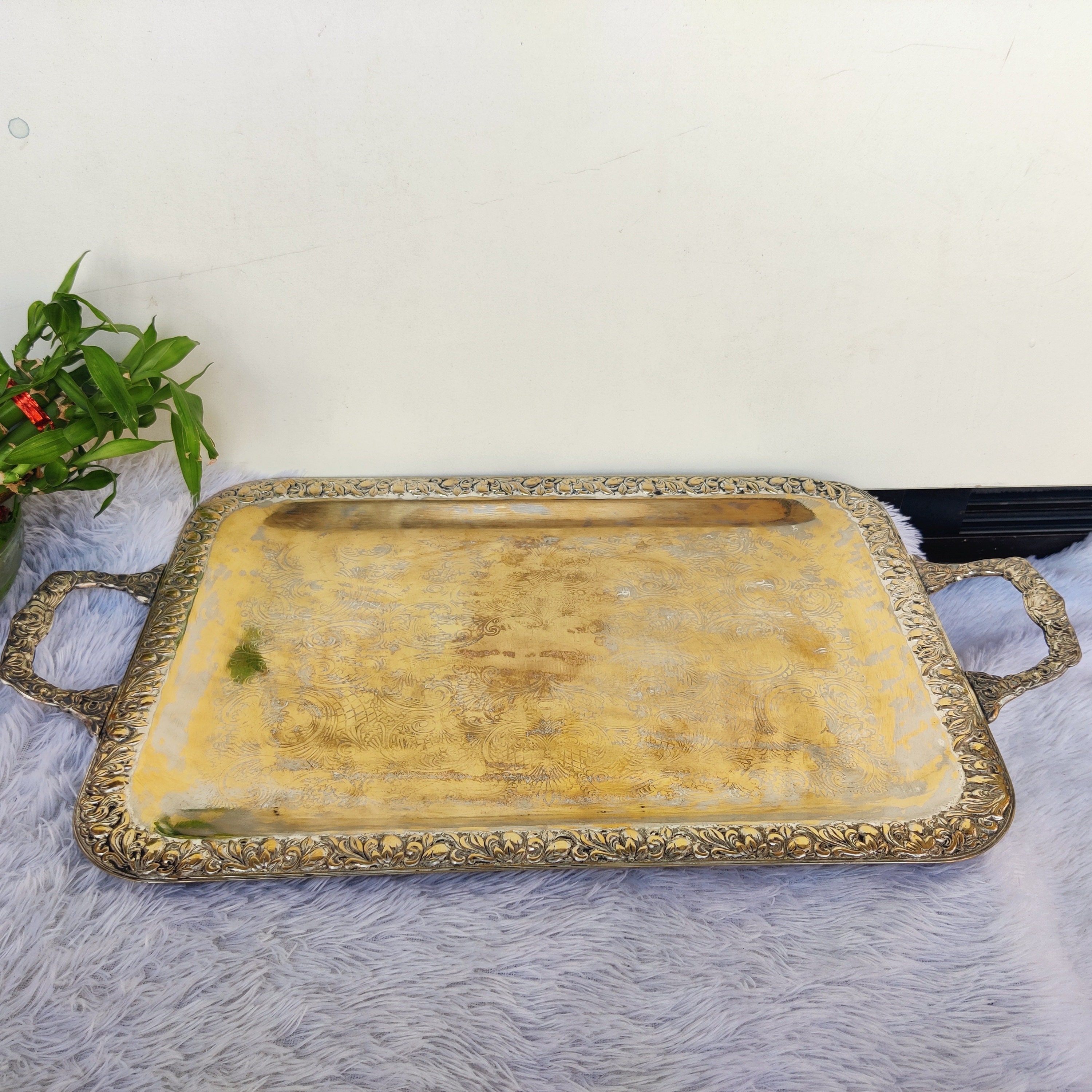 Vintage Large Ornate Brass Tray With Handles Brass Serving Tray Brass ...