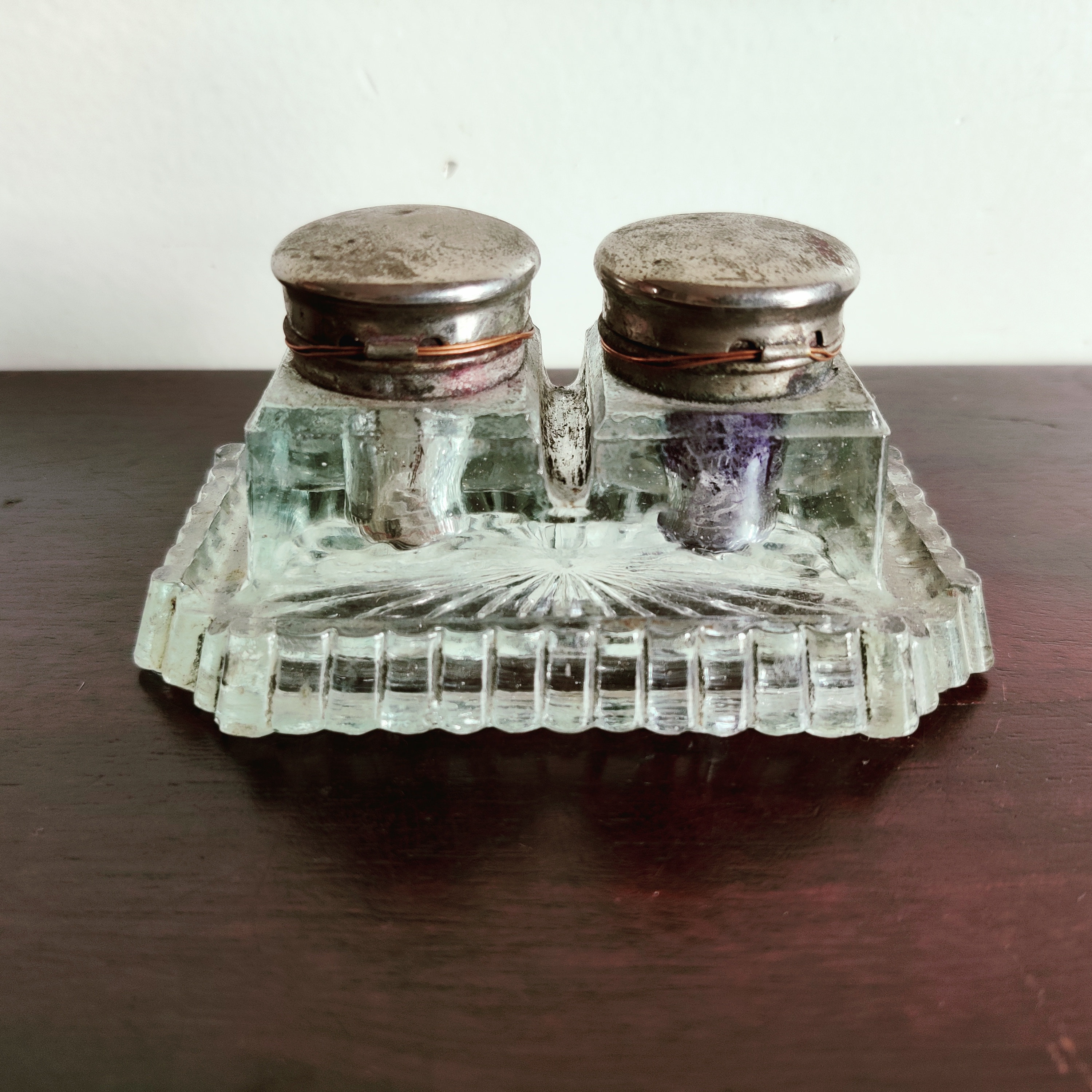 Vintage Clear Glass Double Inkwell Glass Inkwell Desk Set Organizer Art ...