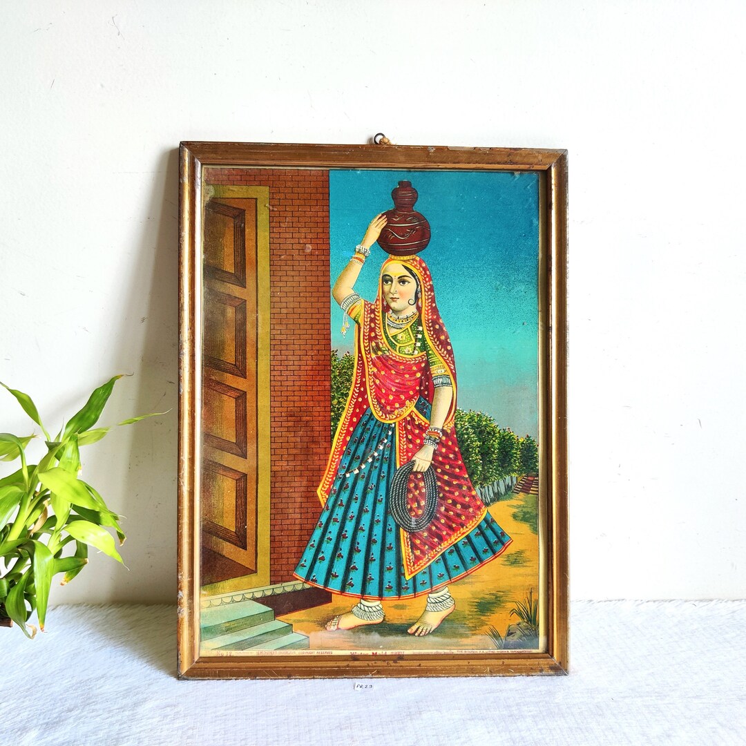 Vintage 'milk Maid' Panihari Print With Original Wooden Frame Vintage ...