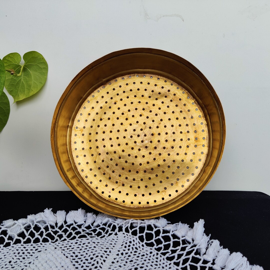 Vintage Brass Grain Colander | Round Rice Sieve | Vintage Pasta ...