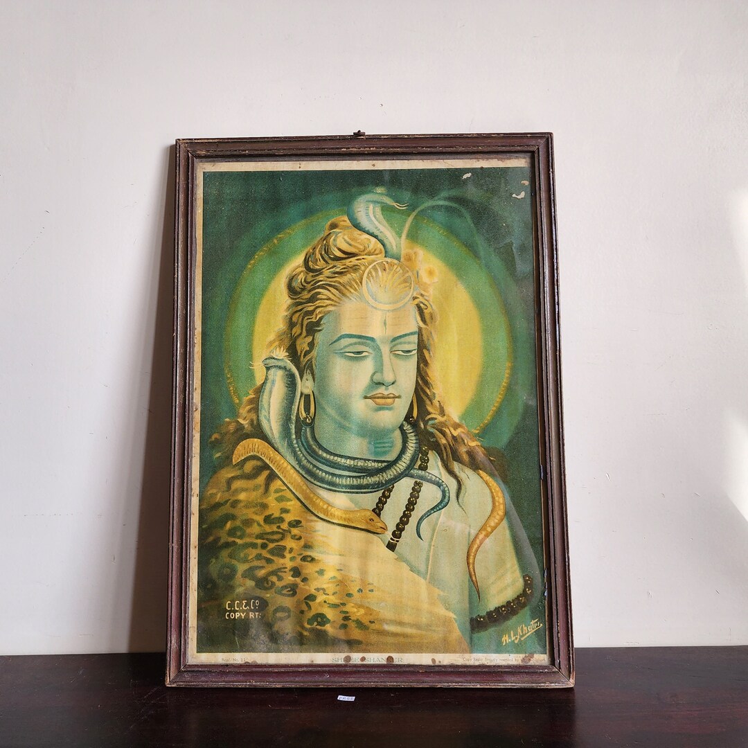 Vintage God Shiv Print With Original Wooden Frame | God Shankar Print ...