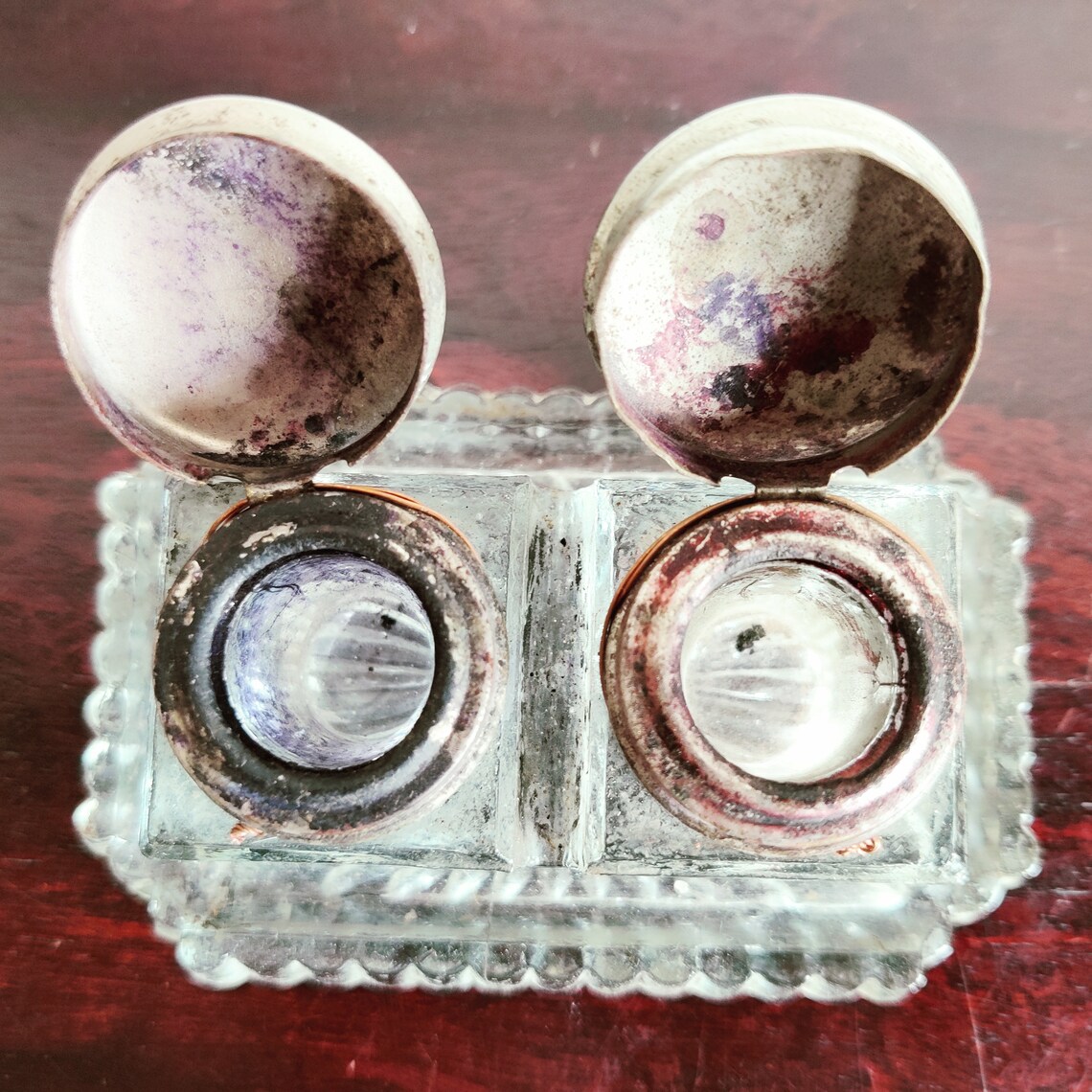 Vintage Clear Glass Double Inkwell | Glass Inkwell Desk Set Organizer ...