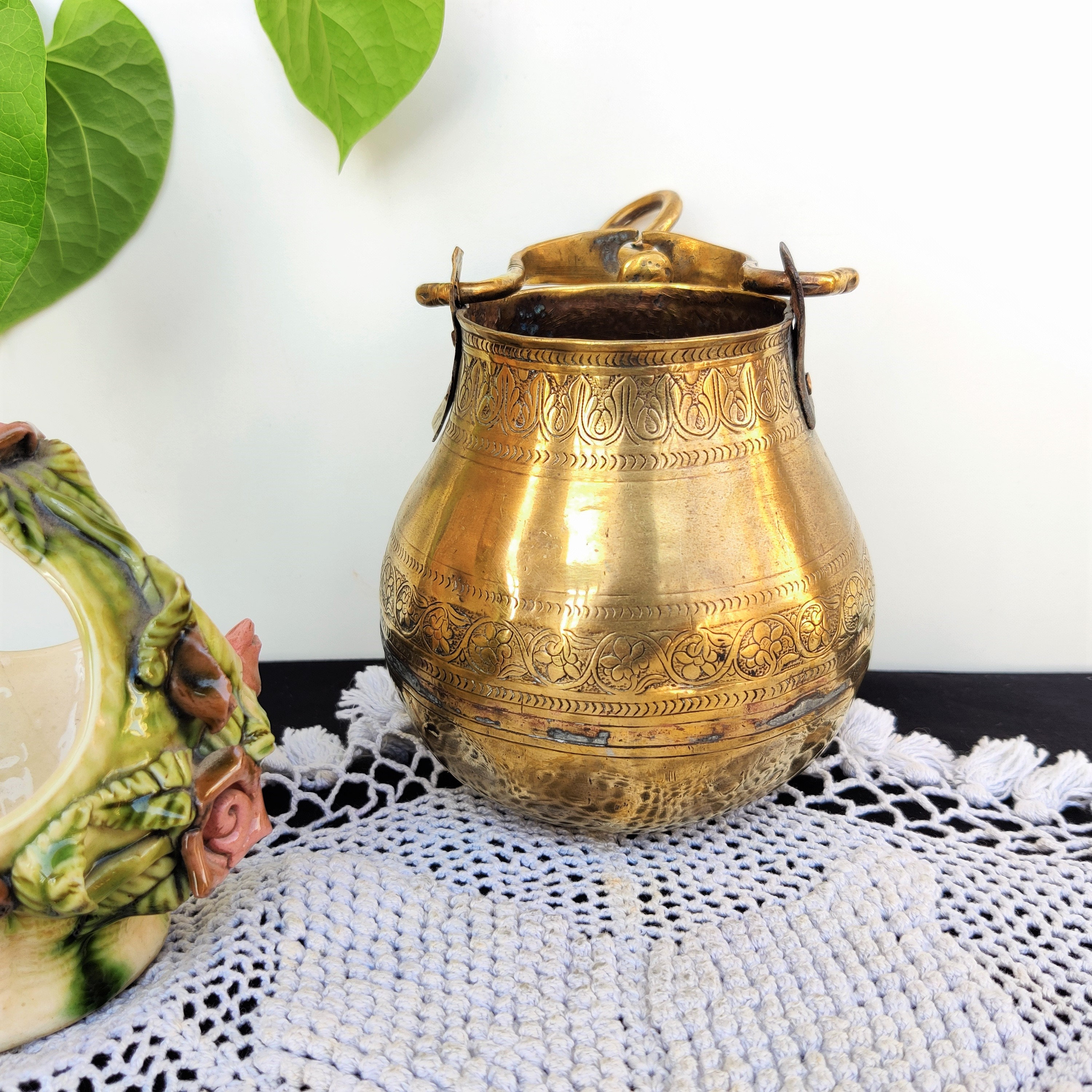 Antique Rare Brass Ornate Water Pot With Handle | Delicately Engraved ...