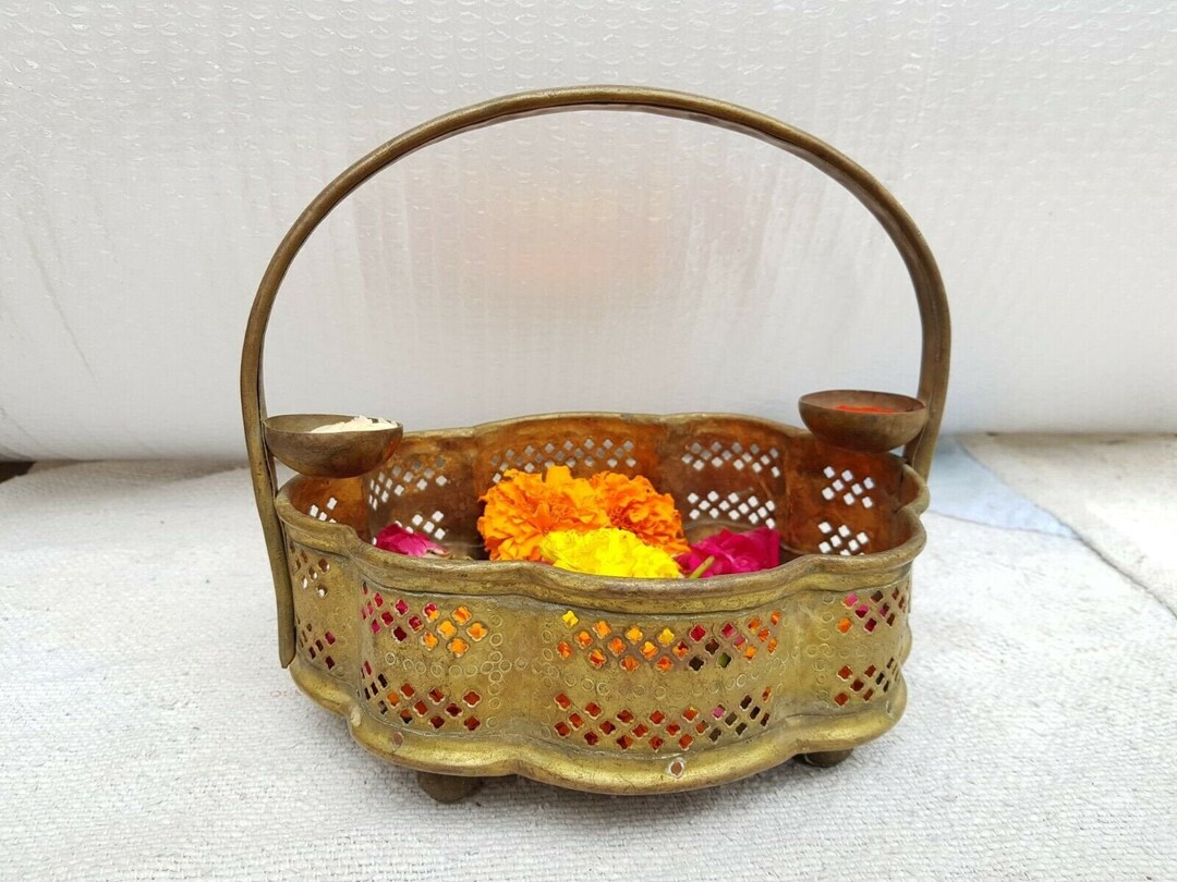 Vintage Seltener Messing Korb mit Henkel Vintage Gitter Grill Design Blumenkorb Dekorativer Korb ...