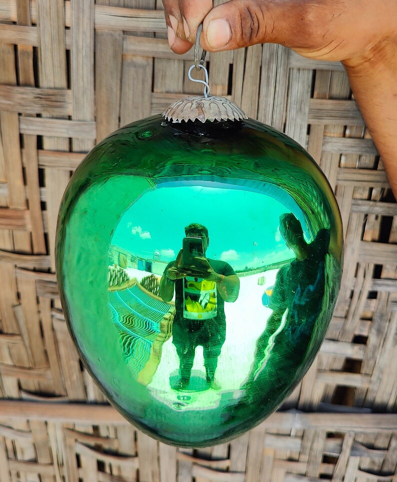 Antique Kugel 8.4" Dark Green Oval Shape Glass Hanging Christmas ...
