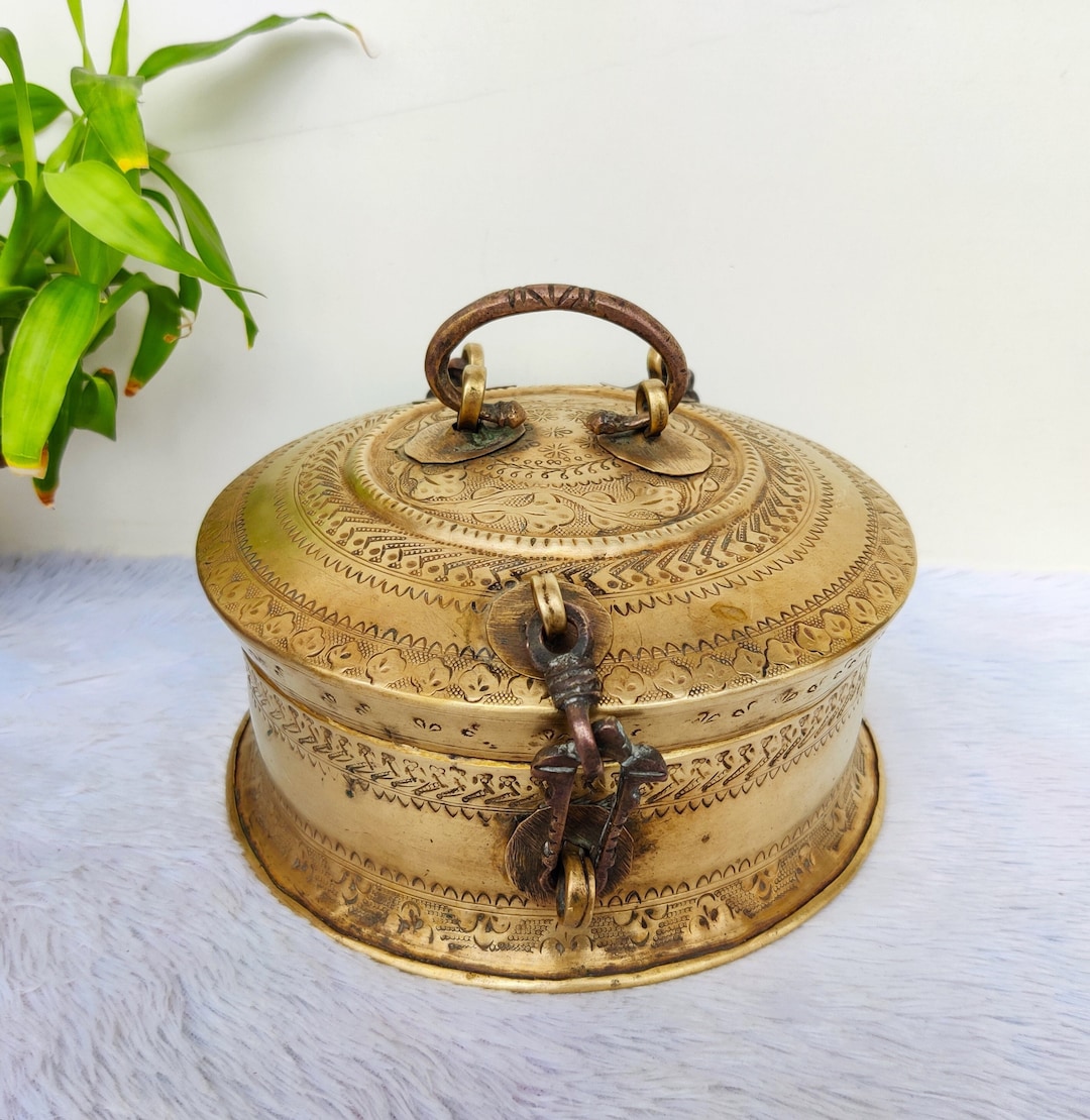 Antique Rare Brass Jewellery Box | Hand Carved Box With Chain Latch ...