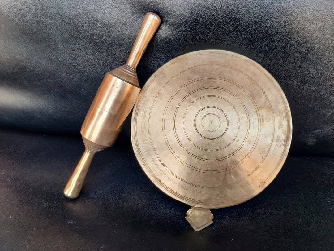 Vintage Brass Chapati Maker Board and Rolling Pin | Chakla Belan Set ...