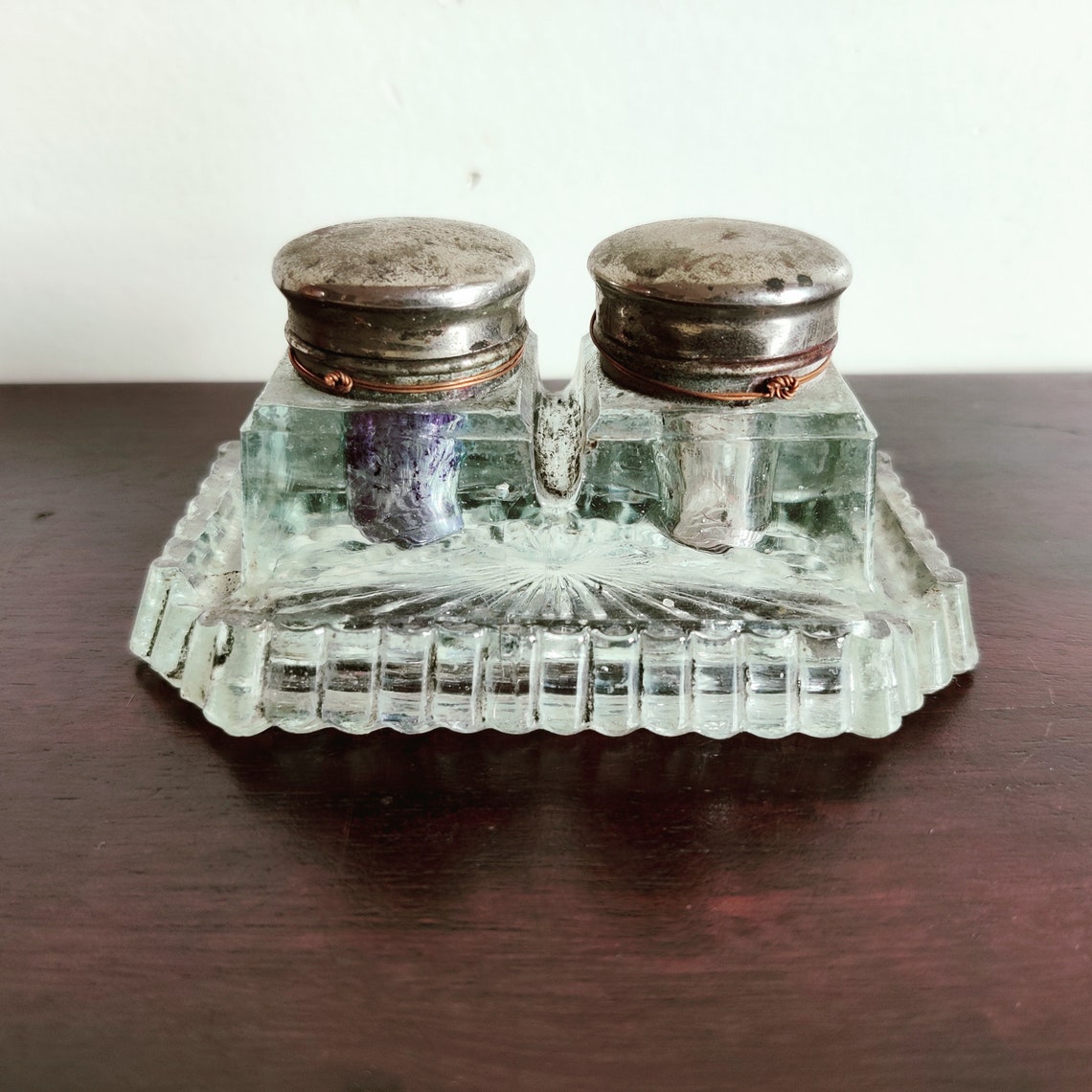 Vintage Clear Glass Double Inkwell Glass Inkwell Desk Set Organizer Art ...