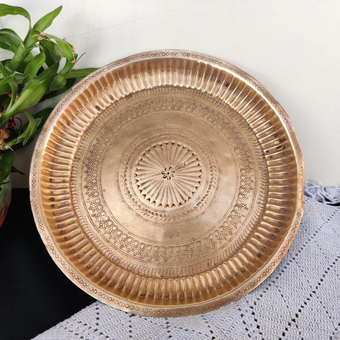 Antique Brass Plate Mandala Engraved and Scalloped Edge | Designer ...