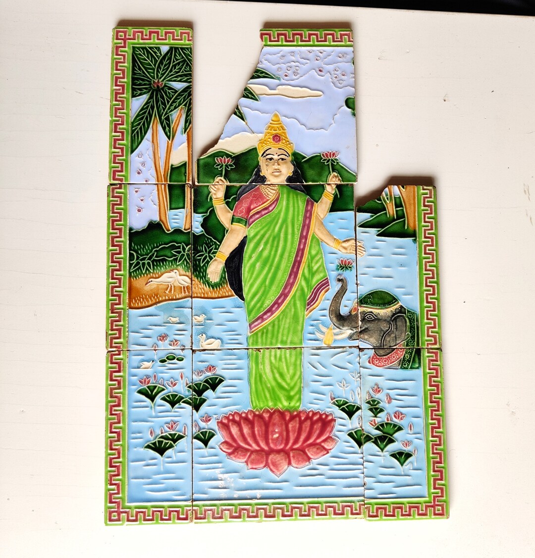 Vintage Goddess Lakshmi Embossed Nouveau Architecture Tile Panel Set of ...