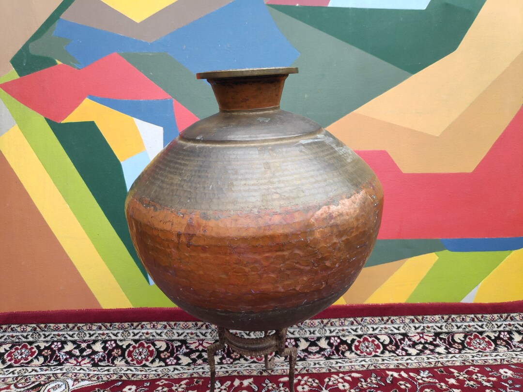 Antique Brass & Copper Water Pot, Hand Hammered Holy Ganga Jamuna ...