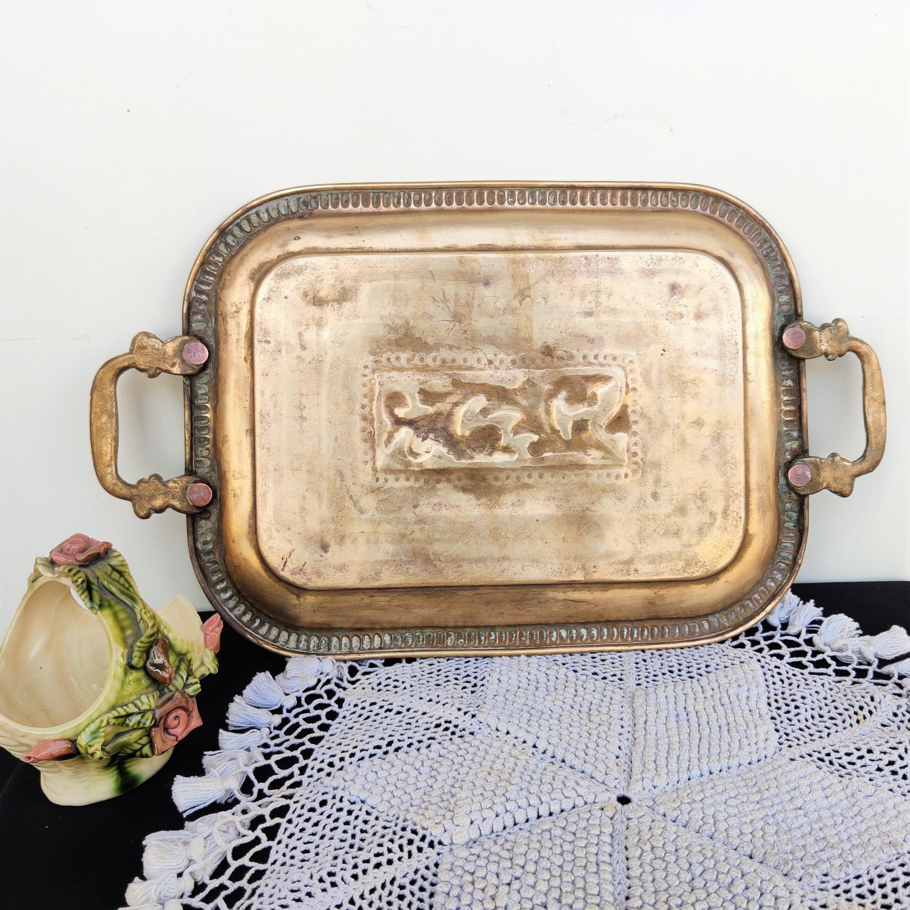 Vintage Large Ornate Brass Tray With Handles Brass Serving Tray Brass ...