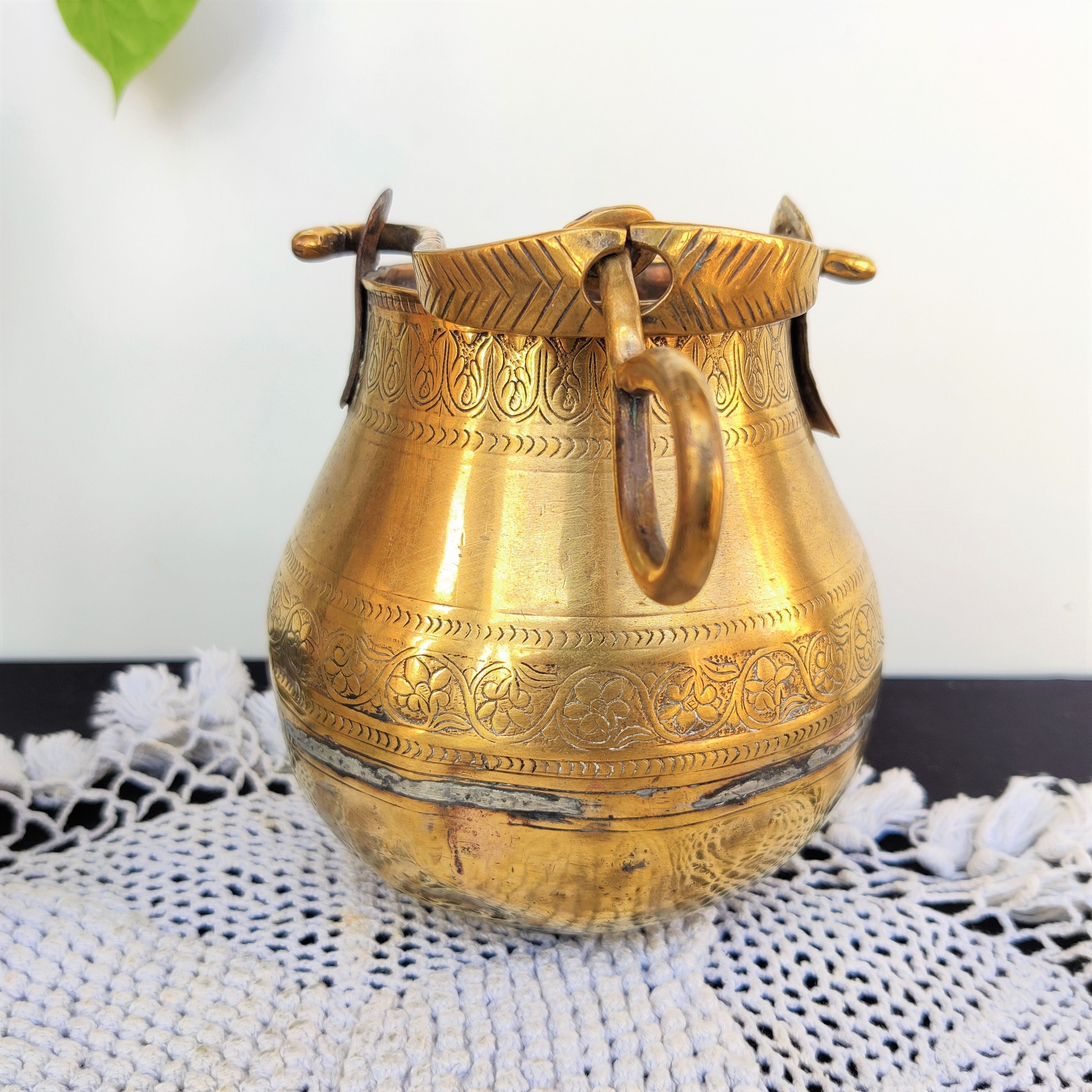 Antique Rare Brass Ornate Water Pot With Handle | Delicately Engraved ...