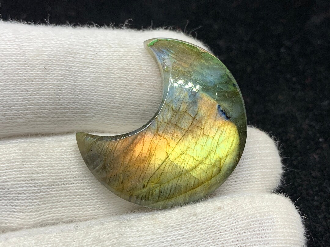 Natural Yellow LABRADORITE Moon Shape Cabochon Loose Gemstone for ...