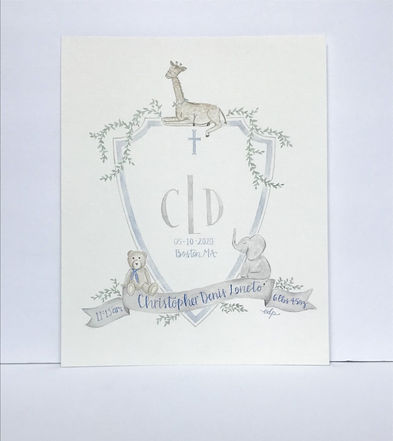 Baby Crest Nursery Monogram Watercolor Nursery Decor | Etsy