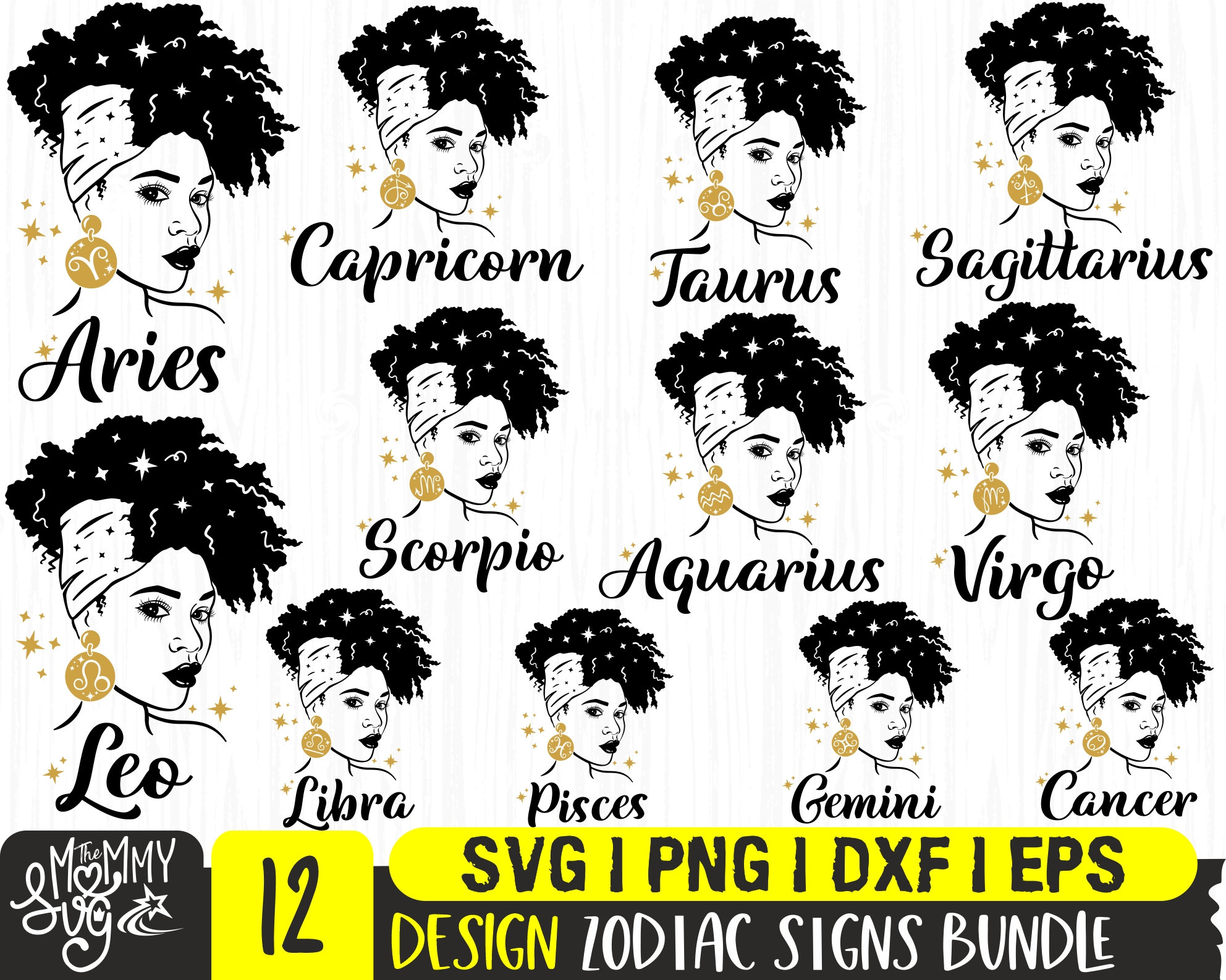 Afro Woman Svg, Afro Svg, Zodiac Svg Bundle, Zodiac Sign Svg, Astrology ...