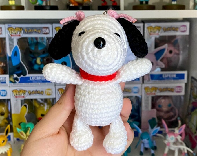 Snoopy Puppy With Bows Crochet Plush Keychain- Handmade White and Red ...