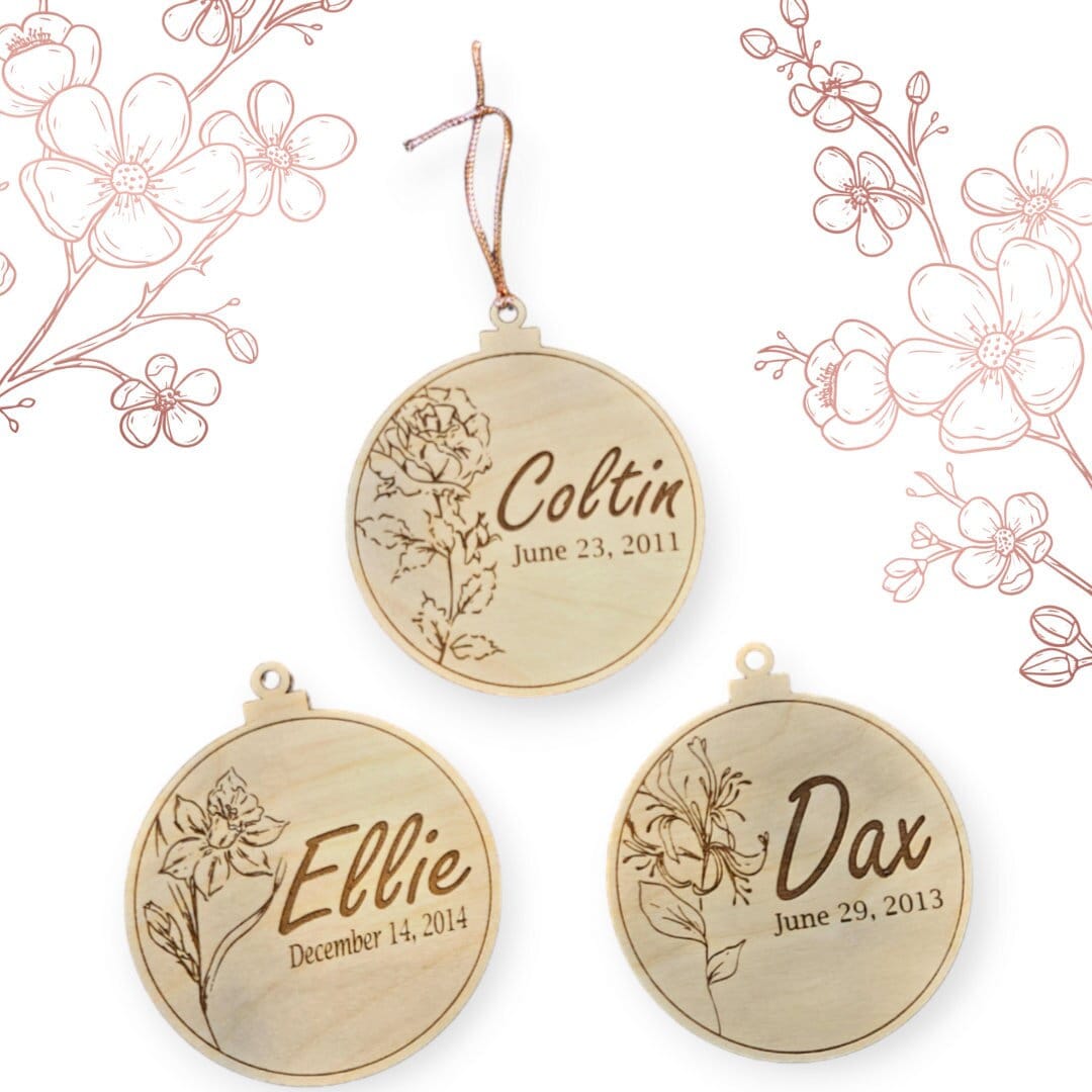 Personalized Birth Flower Ornaments, Engraved Birth Month Ornaments ...