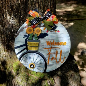 Welcome Fall Door Hanger, Fall Round Sign, Sunflower Decor, Rustic Fall ...