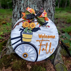 Welcome Fall Door Hanger, Fall Round Sign, Sunflower Decor, Rustic Fall ...