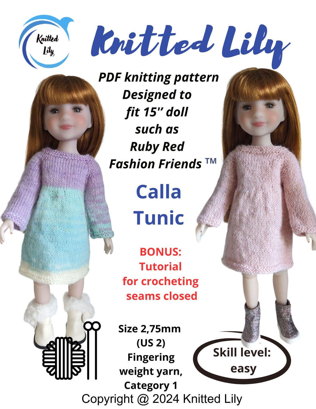 Calla Tunic PDF Knitting Pattern for 15’’ Dolls Such as Ruby Red With ...
