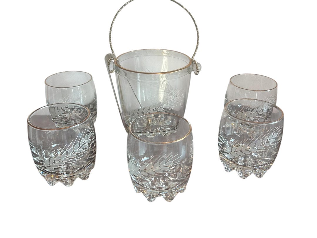 Vintage Glass Ice Bucket With 5 Whisky Glasses and Ice Tongs Whisky ...