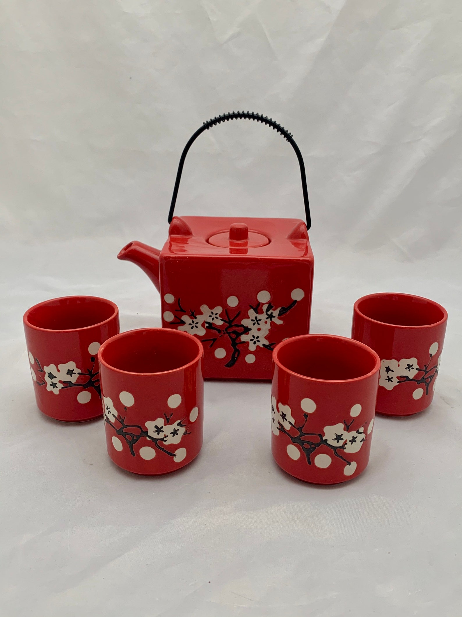 Chinese Red Blossom Square Tea Pot With 4 Cups Chinese Tea - Etsy