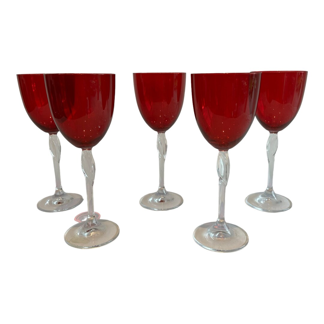 Set 5 Vintage Bright Red Clear Flower Stem Wine Glasses Rose Etsy