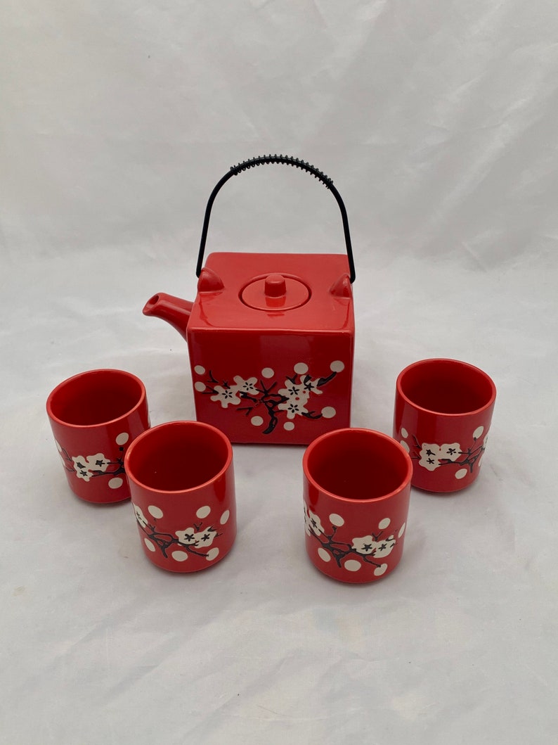 Chinese Red Blossom Square Tea Pot With 4 Cups Chinese Tea - Etsy