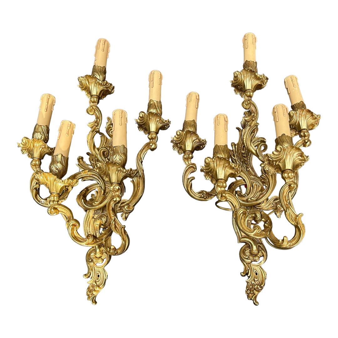 Pair Vintage French Rococo Style 5 Branch Extra Large Gold Metal Ormolu ...