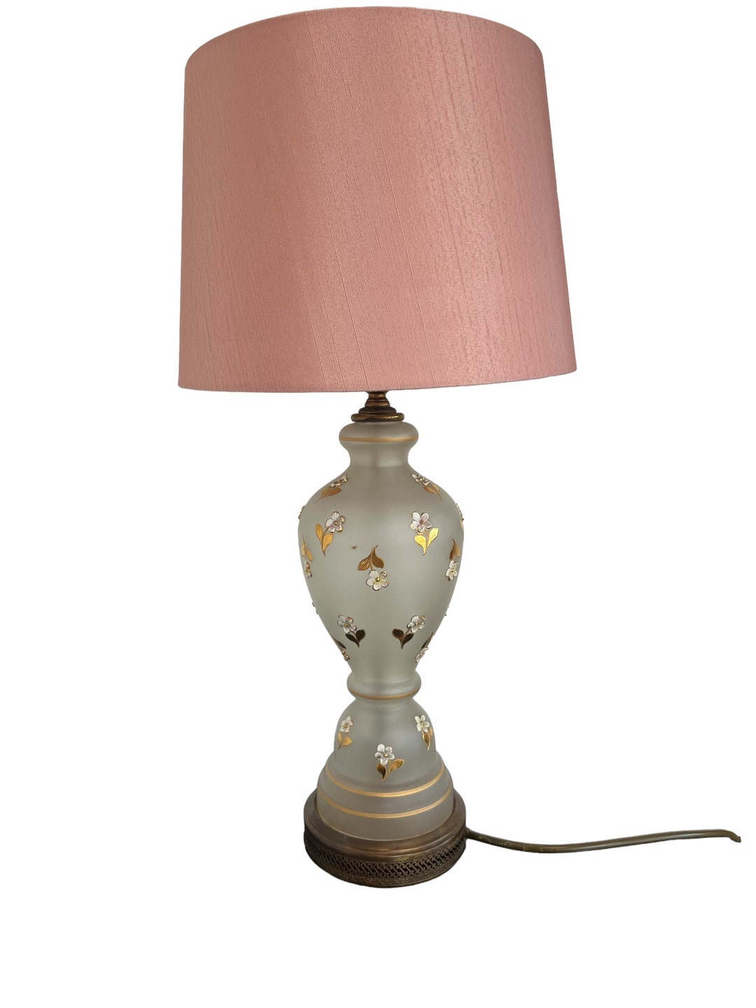 Antique Art Deco Glass Opaline Table Lamp With Gold Flowers and Pink ...